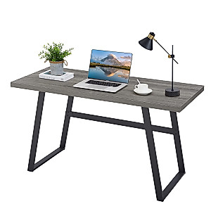 BON AUGURE 55 inch Modern Writing Desk, Rustic Computer Desk for Home Office, Sturdy Simple Wood and Metal Desk, Industrial Work Study Table (Dark Grey Oak)