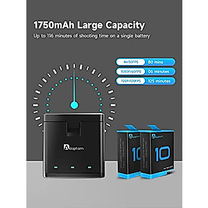 Adaptom Hero 10 Battery 3-Pack, 3-Channel USB Storage Quick Charger for gopro Hero 10 9 Battery, Fully Compatible with Gopro Hero 10 Gopro Hero 9 Black Official