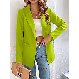 WDIRARA Women's Lapel Neck Open Front Blazer Long Sleeve Pocket Button Front Jacket Lime Green M