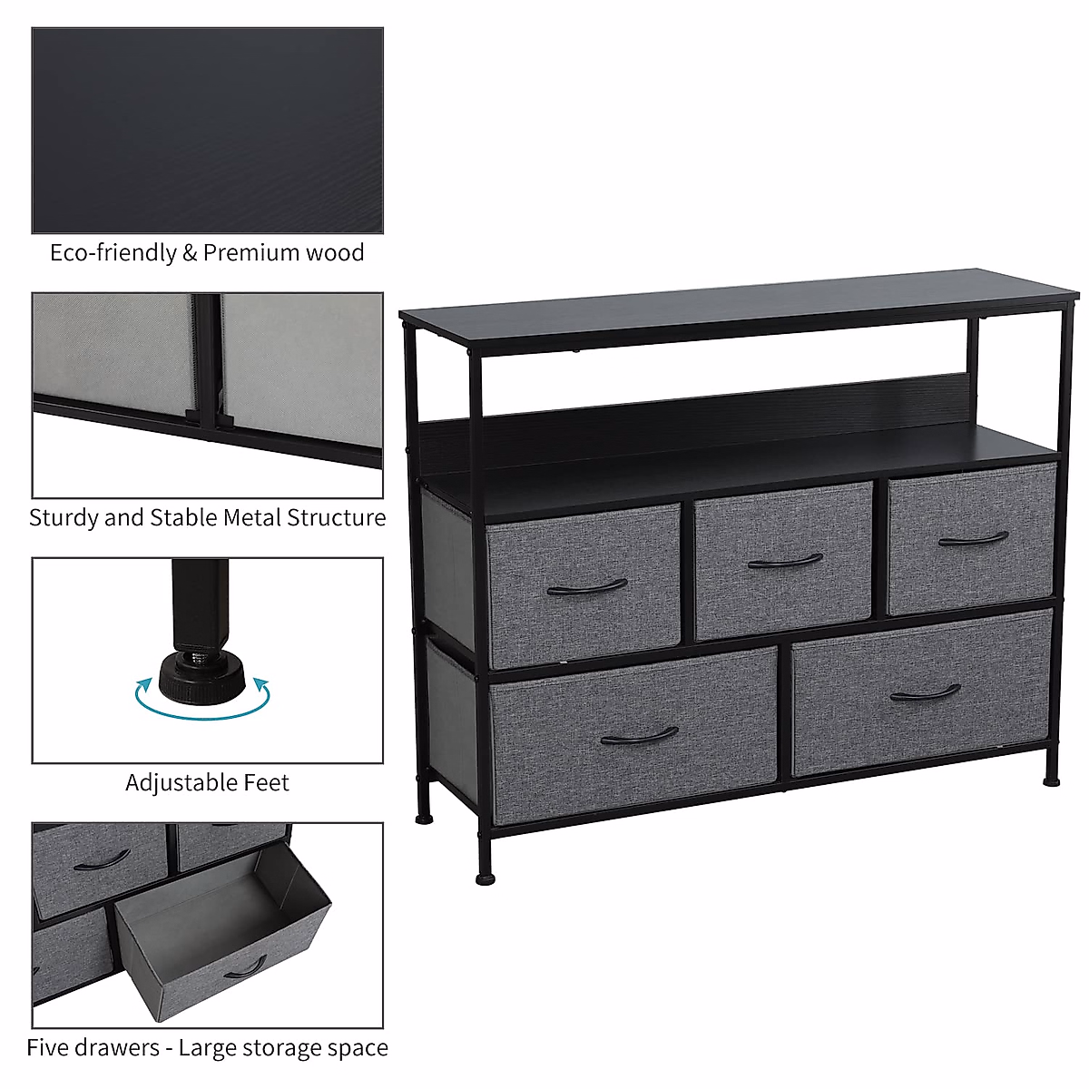 AMISEN Dresser Drawers TV Stand, Entertainment Center with Shelves, Storage Console Table with 5 Fabric Drawers for Bedroom, Living Room, Entryway, Hallway, Grey