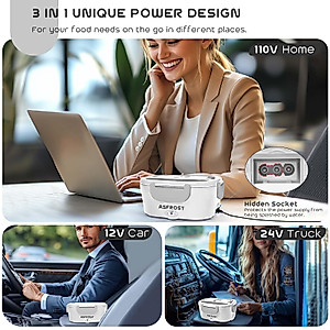 Electric Lunch Box for Car and Home, Work Office - 12V-24V/110V Portable Food Warmer Heater Lunch Box for Men & Adults With 304 Food-Grade Stainless Steel Container 1.5L, SS Fork & Spoon - Grey