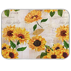 Qilmy Sunflowers Dish Drying Mat Water Absorption Tableware Drying Mat for Kitchen Countertop Home Decoration, 16 x 18 Inch Non Slip Dish Mats, Heat Resistant Countertop Protection