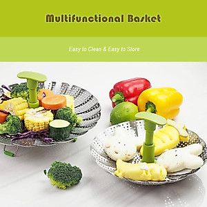 Vegetable Steamer Basket, Stainless Steel Folding Steamer with Extending Removable Center Handle Insert for Veggie Seafood Cooking to Fit Various Size Pot(5.1" to 9")