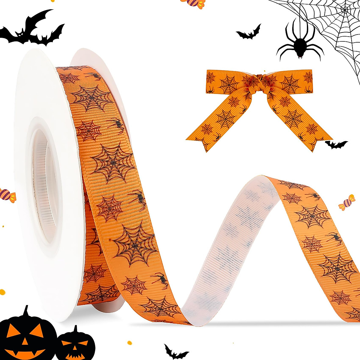 Halloween Ribbon 10 Yards Orange Ribbon 5/8" Grosgrain Ribbon Spider Cobweb Ribbon Halloween Ribbon Thin for Gift Wrapping Crafts DIY Halloween Packaging Ribbon Ribbed Ribbon Halloween Decor