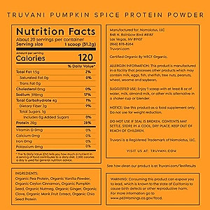 Truvani Vegan Pea Protein Powder | Pumpkin Spice | 20g Organic Plant Based Protein | 20 Servings | Keto | Gluten & Dairy Free | Low Carb | No Added Sugar