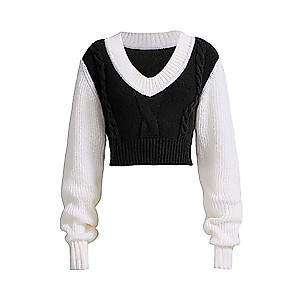 Verdusa Women's Colorblock Crop Sweater Long Sleeve V Neck Knit Pullover Tops Black and White Small