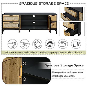 Voohek Rattan Boho TV Stand with Drawers and Adjustable Shelves, Entertainment Center w/Storage for 65 inch Television, Media Console Table for Living Room, Black