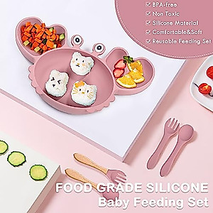 Ealingmoon Silicone Baby Feeding Set 9 Pack, Baby Led Weaning Supplies with Bibs, Suction Bowl, Divided Plate, Spoons, Forks, Sippy Cup with Straw and Lid, Baby Plates and Bowls Set (Pink)