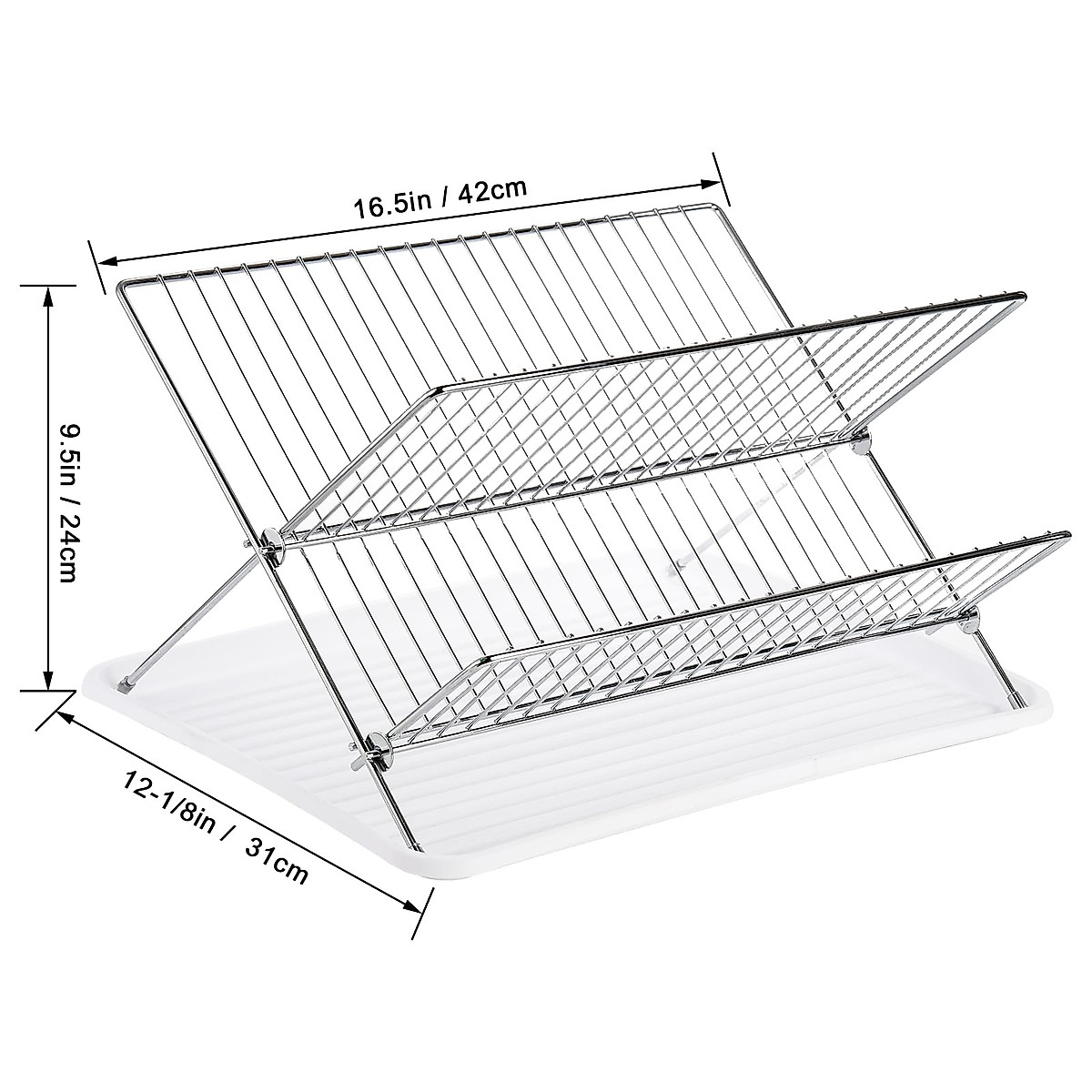 Youeon Foldable Dish Drying Rack with Drainboard, Stainless Steel 2 Tier Dish Drainer Rack, Collapsible Dish Drainer, Folding Dish Rack for Kitchen Sink, Countertop, Cutlery, Plates, Dishes