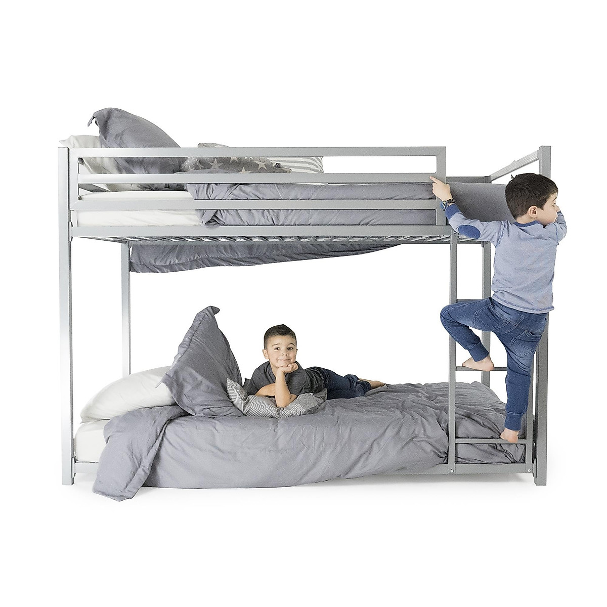 DHP Miles Low Metal Bunk Bed Frame for Kids, With Built-in Ladder, High Guardrail and Metal Slats, Floor Bed Bottom Bunk, No Boxspring Required, For Small Spaces, Full-Over-Full, Blue