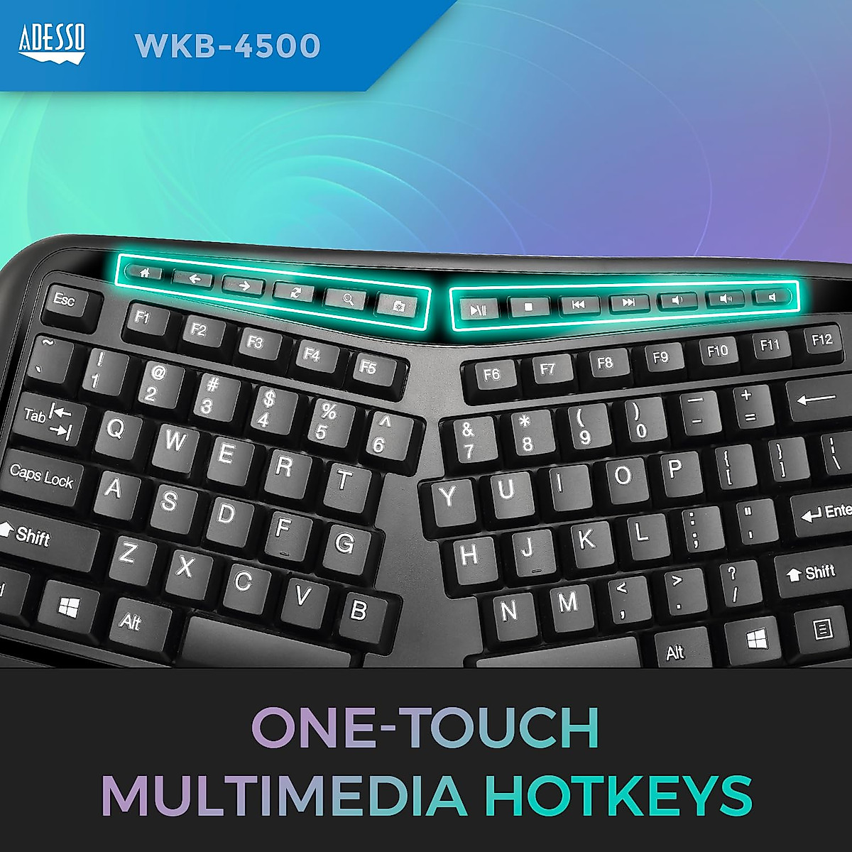 Adesso WKB-4500UB - Wireless Ergonomic Desktop Touchpad Keyboard, Split Keys Design, Palm Rest, Media Control Hotkeys, Long Battery Life - Compatible for Laptop/Desktop, Black