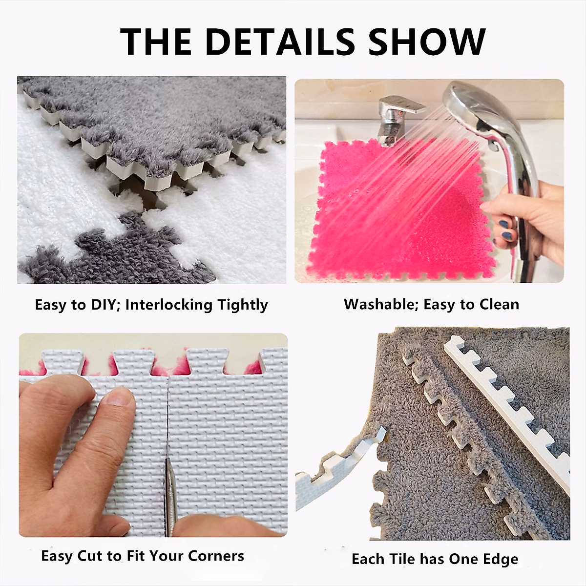 12 Pcs Shaggy Interlocking Foam Carpet Tiles - 12" x 12", 12 Sq,Ft Kids Carpet Squares Protective Floor Mats Crawling Exercise Area Rugs for Children Room, Home or Classroom Use, Black