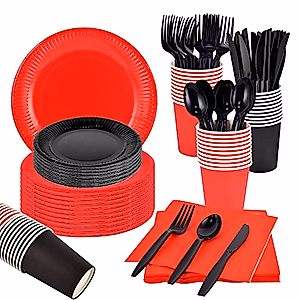 WANGDEFA 120 pcs red and black plates and napkins party supplies set black and red tableware for party red party supplies set black and red party for red birthday plates table decors