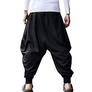 AITFINEISM Men's Drawstring Aladdin Hippie Harem Pants Loose Drop Crotch Trousers (Medium, Black-2)