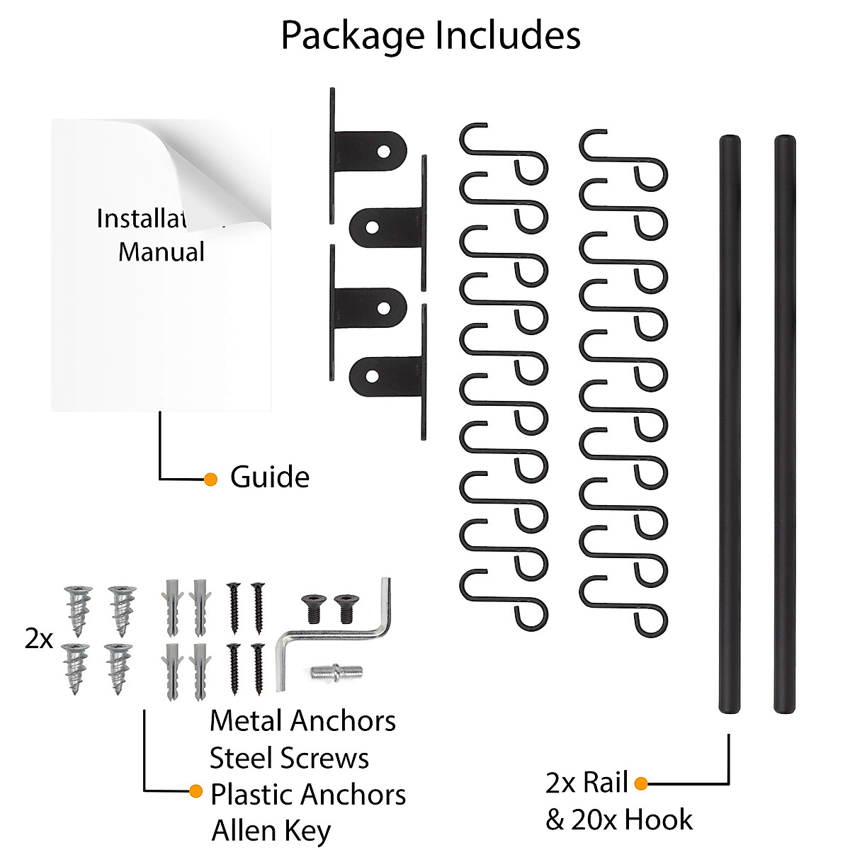 Wallniture Lyon Hanging Pot Rack for Kitchen Organization and Storage, Black Kitchen Utensil Holders with 20 S Hooks for Hanging Pots and Pans Set, 17" Coffee Mug Holder Wall Mount Set of 2