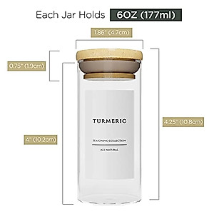 Decorium Interiors Bamboo Spice Jars (10 Pack, 6oz) – Glass Jars with Bamboo Lids - Spice Containers with Bamboo Lids w/ 105 Pre-Printed Labels – Lead-Free Bamboo Jars for Storing Spices & More