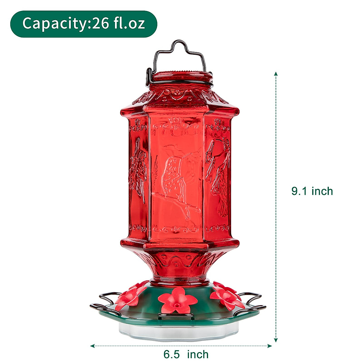 Billion Sky Hummingbird Feeder for Outdoors, Lantern Shaped Bottle, 6 Simulation Flowers Feeding Ports, 26 fl.oz, Hanging for Garden Yard, Rust Proof, Red(Ant Moat Included)
