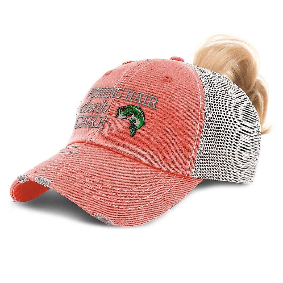 Speedy Pros Womens Ponytail Cap Fishing Hair Don't Care Embroidery Cotton Distressed Trucker Hats Strap Closure Coral