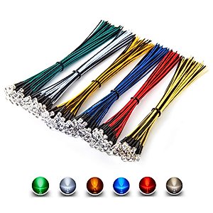Chanzon 120pcs 12V 5mm LED Diode Lights 7.9 inch Pre Wired (6 Colors x 20pcs) Assorted Kit (Transparent Clear Round Lens) White Red Green Blue Yellow Warm-White Emitting LED Assortment