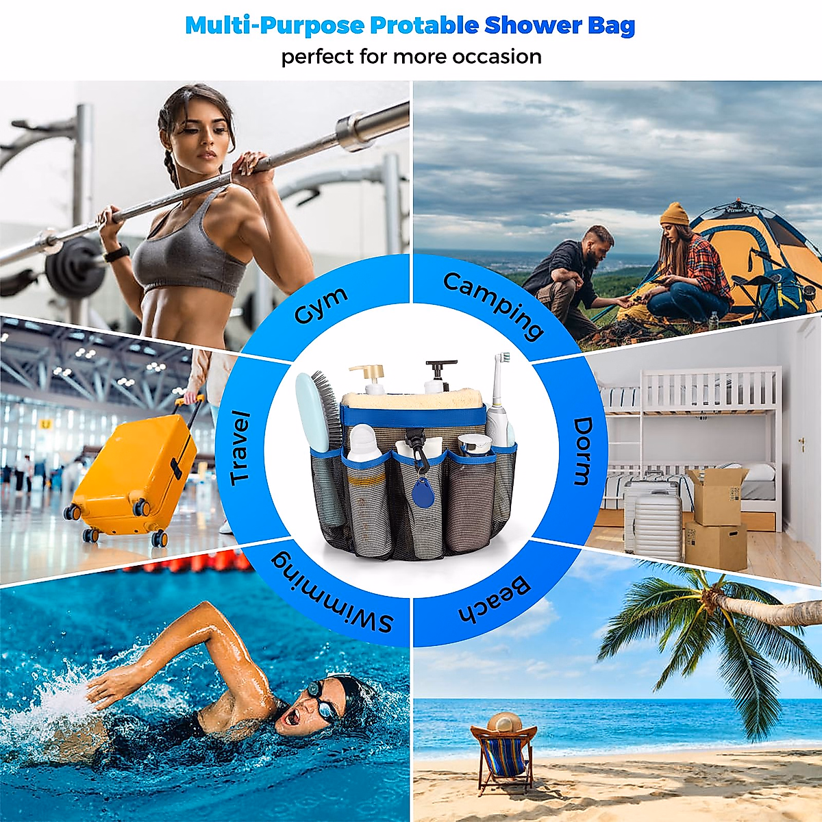 CDDLR Mesh Shower Caddy Portable for College Dorm Room Essentials,Shower Caddy Dorm with 8-Pocket Large Capacity,Quick Dry Shower Caddy Bag for Bathroom, Beach,Gym