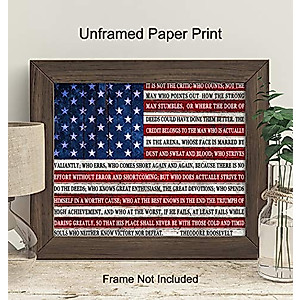 Teddy Roosevelt Man in the Arena Quote Poster Print - 8x10 Daring Greatly Wall Art Room Decor - Unique Inspirational Motivational Gift - Patriotic American Flag Plaque - Unframed