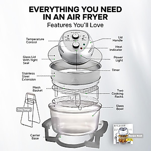 Big Boss 16Qt Large Air Fryer Oven – Large Halogen Oven Cooker with 50+ Air Fryers Recipe Book for Quick + Easy Meals for Entire Family, AirFryer Oven Makes Healthier Crispy Foods – Silver