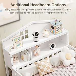 DEINPPA Full Size Floor Platform Bed with Storage Shelf and Openable Gate, Montessori Kids Platform Bed Frame with Bookcase Headboard for Toddler Kids Child Boys Girls- White