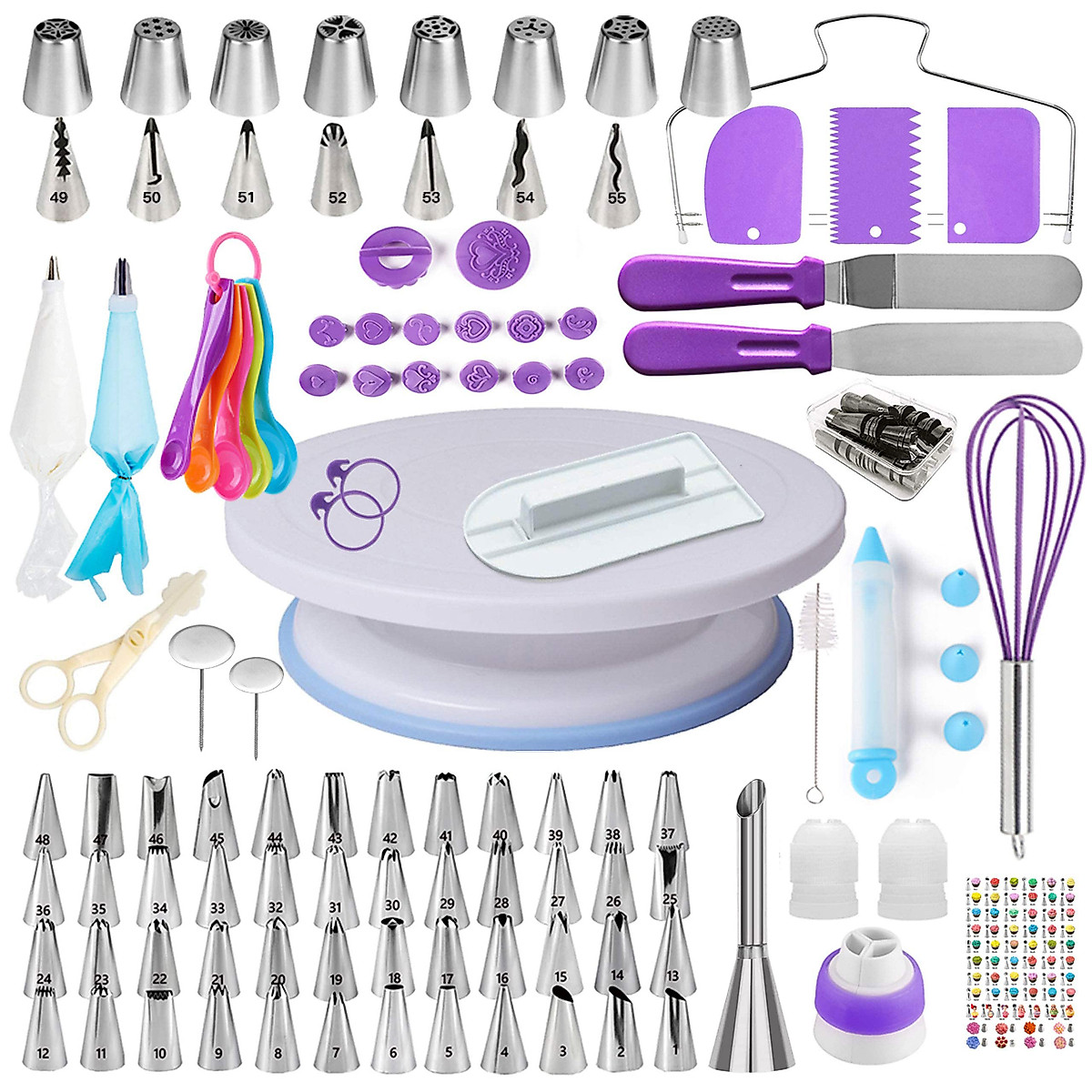 Cake Decorating Supplies Kit for Beginners, Set of 138, Baking Pastry Tools, 1 Turntable stand-55 Numbered Icing Tips with Pattern Chart, Angled Spatula, 8 Russian Piping nozzles-Baking Tools