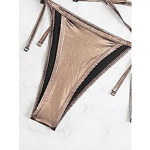GORGLITTER Women's Sexy Metallic Swimsuit Cut Out Triangle Bikini Set Tie Side Thong Bathing Suit Champagne Medium