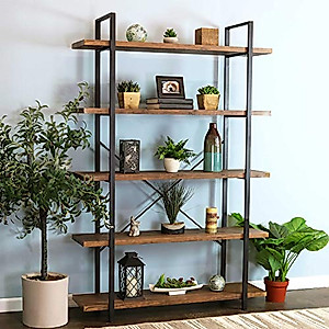 Sunnydaze 5-Tier Industrial Style Bookshelf with Open Shelves and Veneer Finish - North American Teak