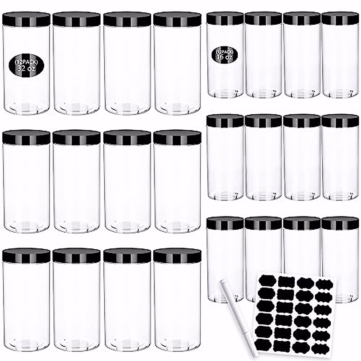 PLastic jars with lids 32 OZ & 16 OZ 24 PACK，Eiark Clear Plastic Storage Jars Containers with Airtight Black Plastic Screw On Lids Cylinder Large Round Jars Easy Clean for Household and Kitchen