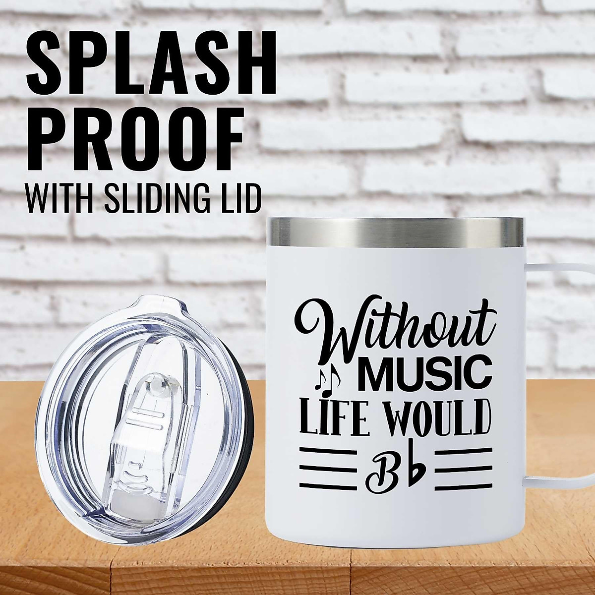 Onebttl Music Lover Gifts For Men, Male, Him - Without Music Life Would B Flat - 12 oz /350 ml Insulated Mugs with Lid - Musician Gifts, Musical Lovers Gift - (White)