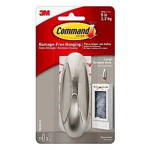 Command Large Designer Hook, Holds up to 5 lb, 1 Wall Hook with 2 Command Strips, Brushed Nickel Color, Damage Free Hanging Hooks for Hanging Decorations in Living Spaces