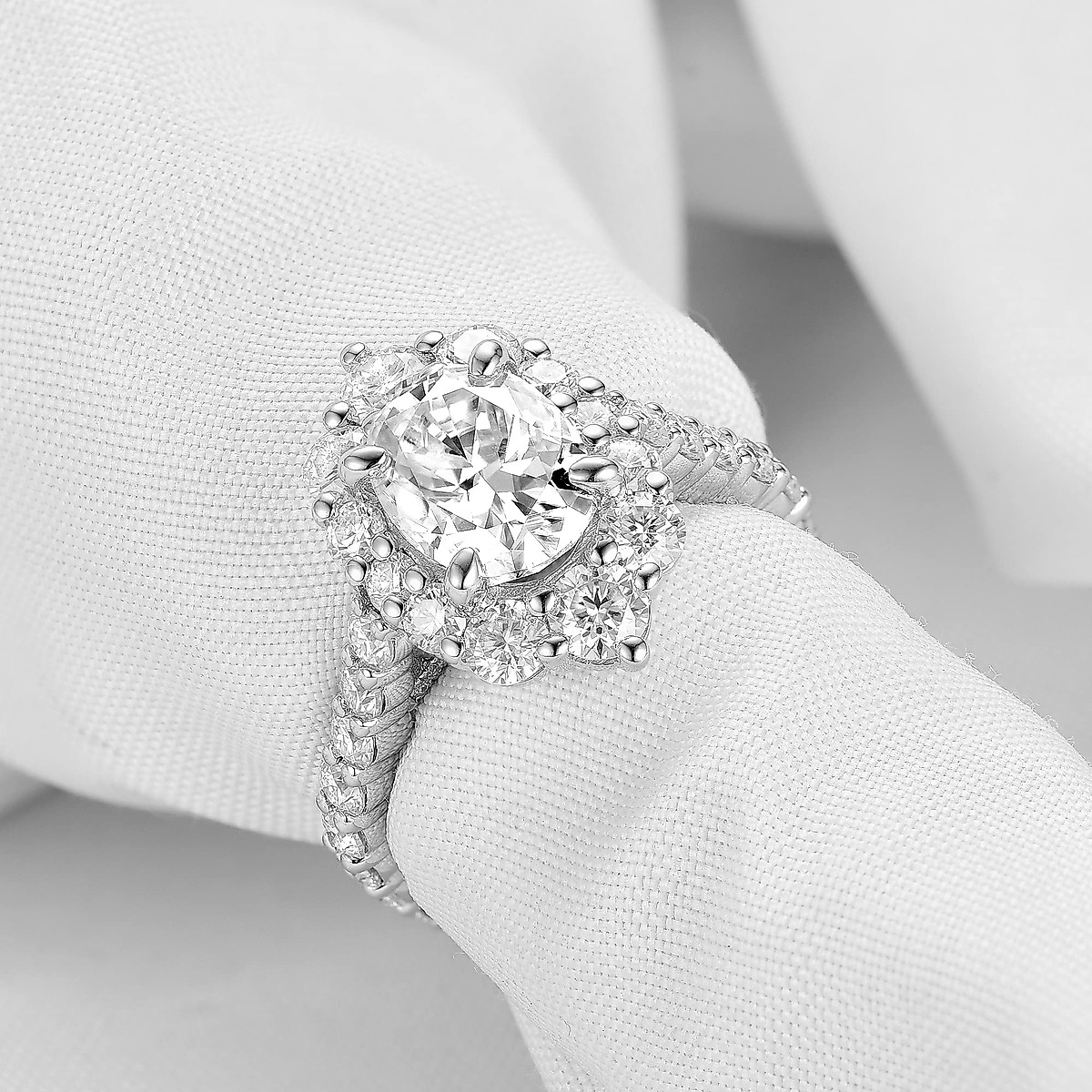 DovEggs Moissanite Engagement Rings for Women 4ctw 7X9mm Astro Oval GHI Color Cut Moissanite Floral Euro Shank Halo Anniversary Wedding Ring 14K Gold QUALITY Sterling Silver(6)