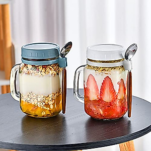 Neegaurd 2 Pack Overnight Oats Containers with Lid and Spoon, 16 Oz Large Glass Overnight Oats Jars with Portable Handle, Reusable Airtight Glass Oatmeal Cups for Cereal Yogurt and Parfait