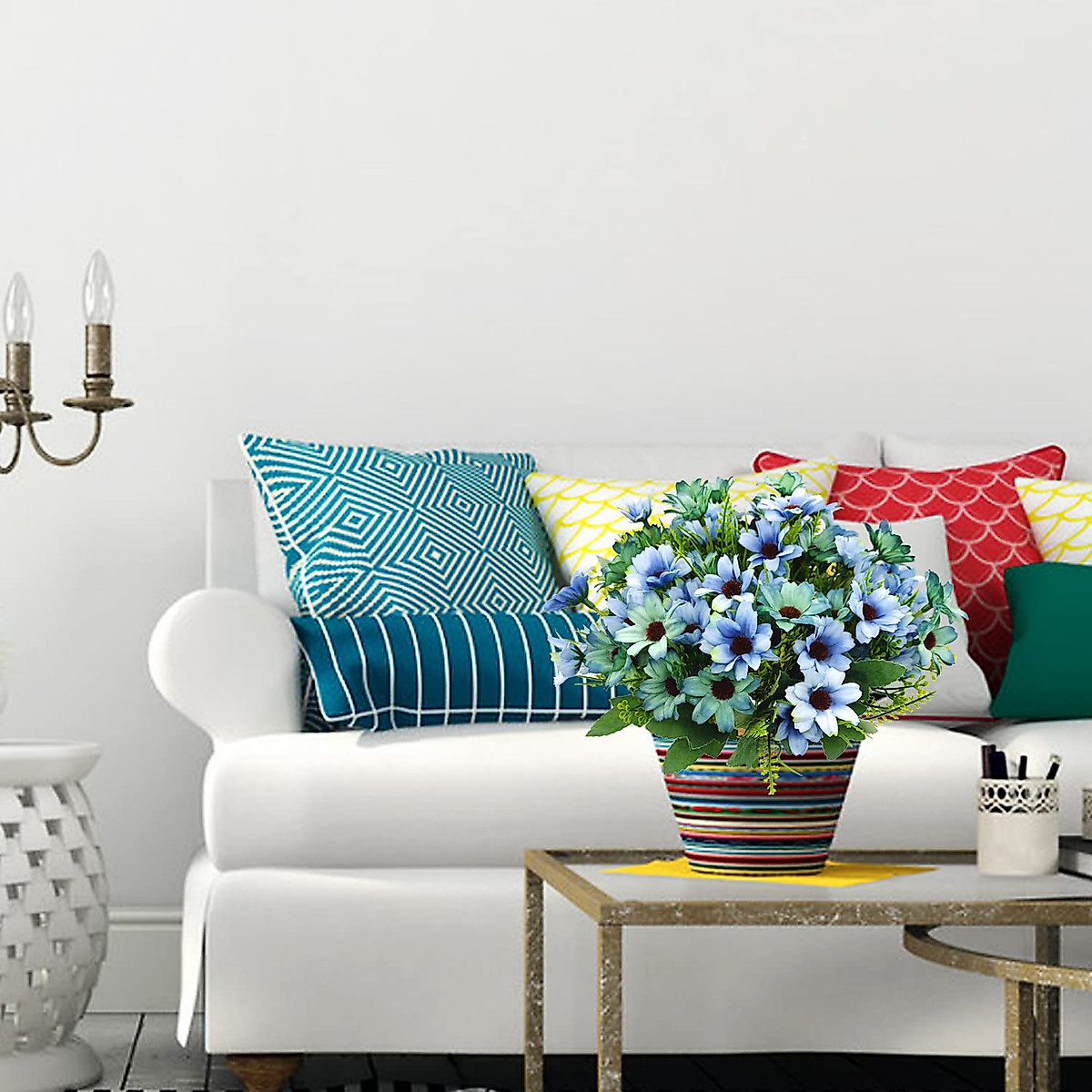 Carfoeny 5 Bundles Artificial Wildflowers Fake Daisy Silk Faux Flowers with Stems Arrangements for Home Outdoor Indoor Vase Kitchen Table Wedding Office Party Garden Decoration (Blue)