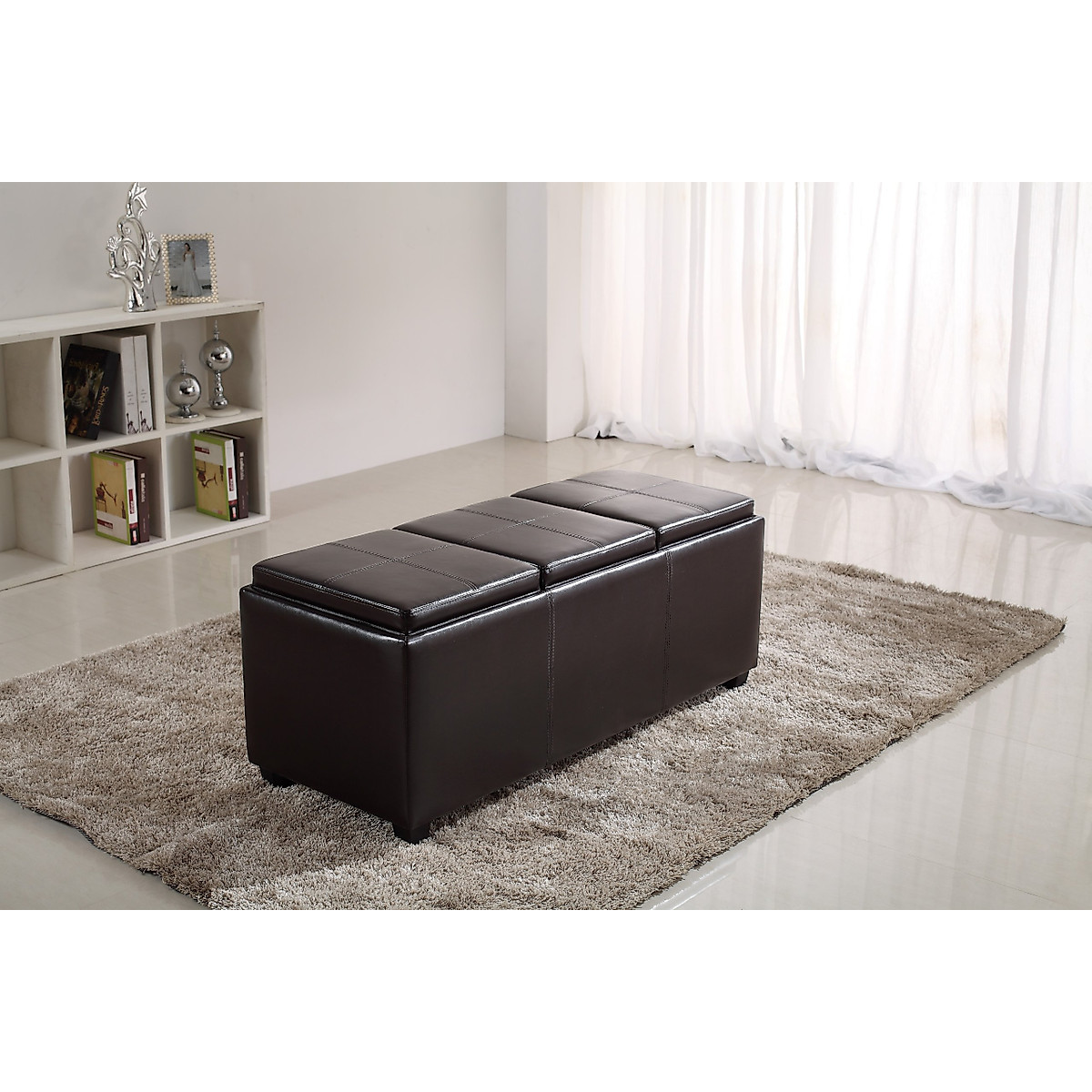 SIMPLIHOME Avalon 42 inch Wide Contemporary Rectangle Storage Ottoman in Tanners Brown Vegan Faux Leather, Assembled, for the Living Room, Entryway and Family Room