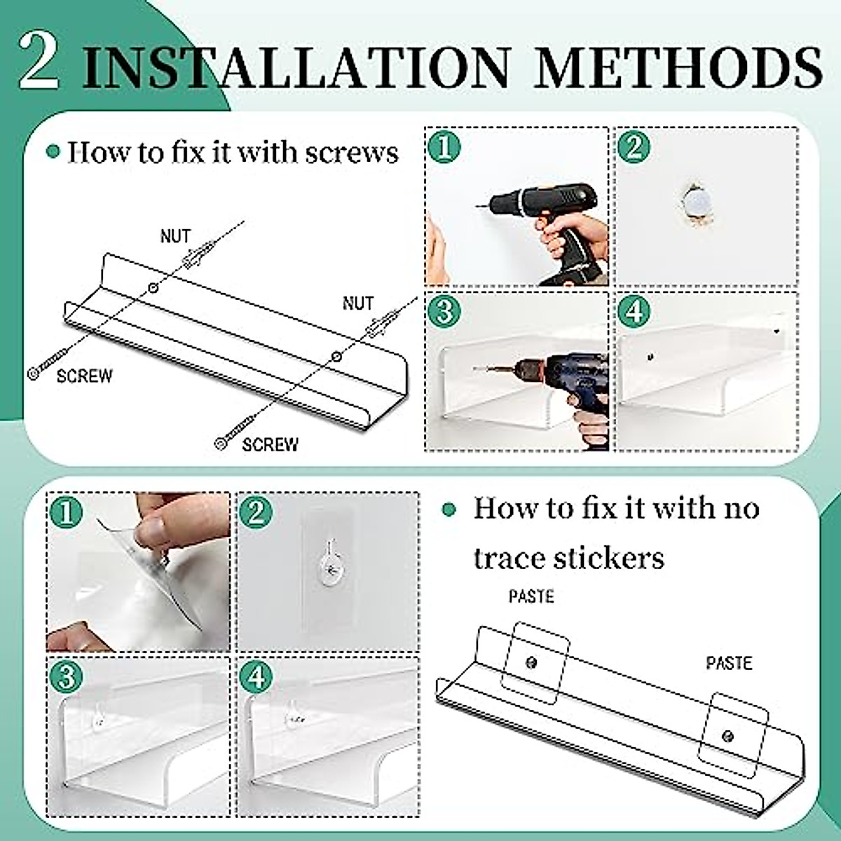 BTSD-home 6 Pack 15'' Clear Acrylic Shelves for Wall, Acrylic Wall Shelves Invisible Mounted Display Ledge Kids Bookshelf for Bathroom, Living Room, Bedroom, Kitchen, Study