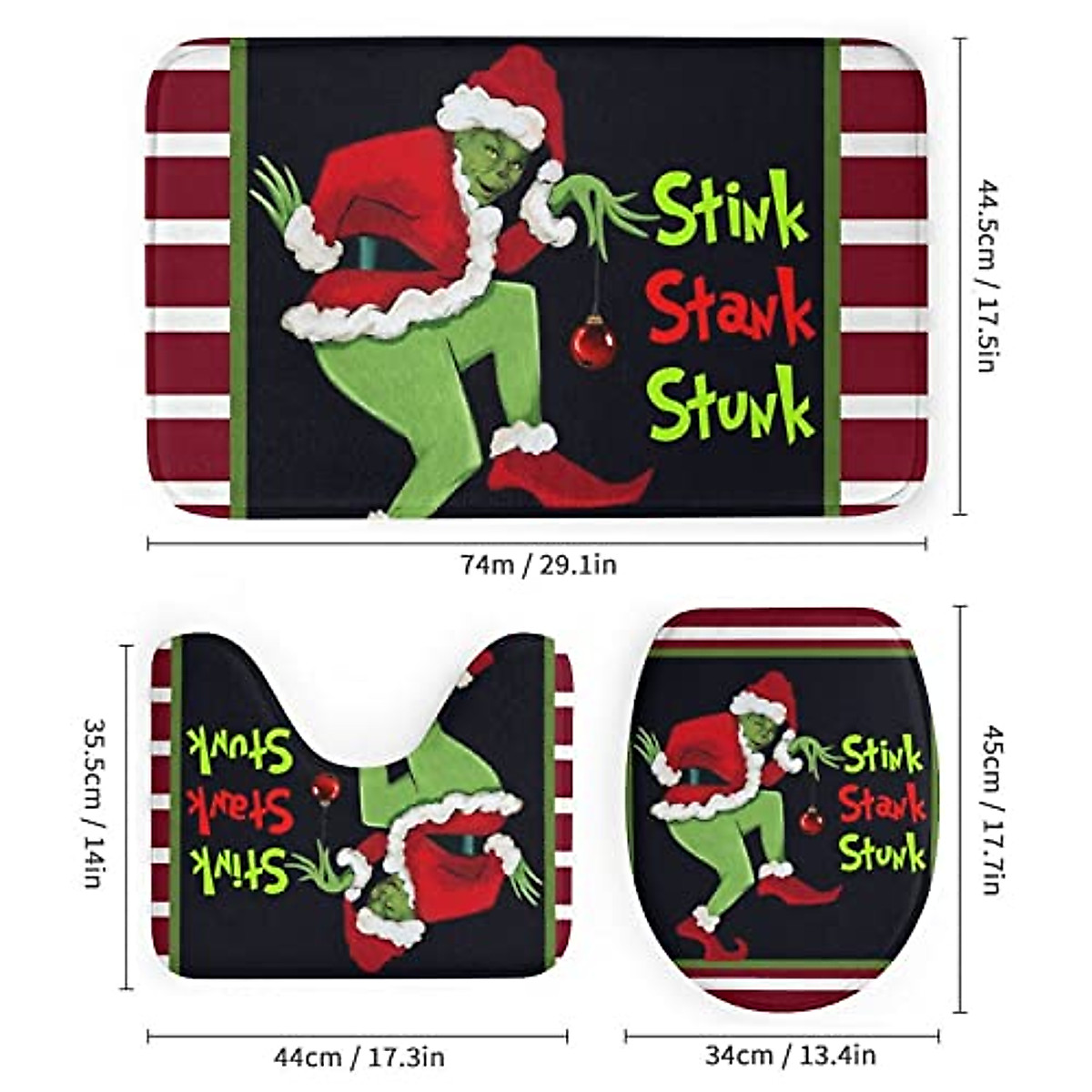 LAYINUSG 4Pcs Merry Christmas Shower Curtain Set with Non-Slip Rugs, Toilet Lid Cover and Bath Mat, Xmas Winter Holiday Bathroom Decor with Hooks 72 x 72 Inches