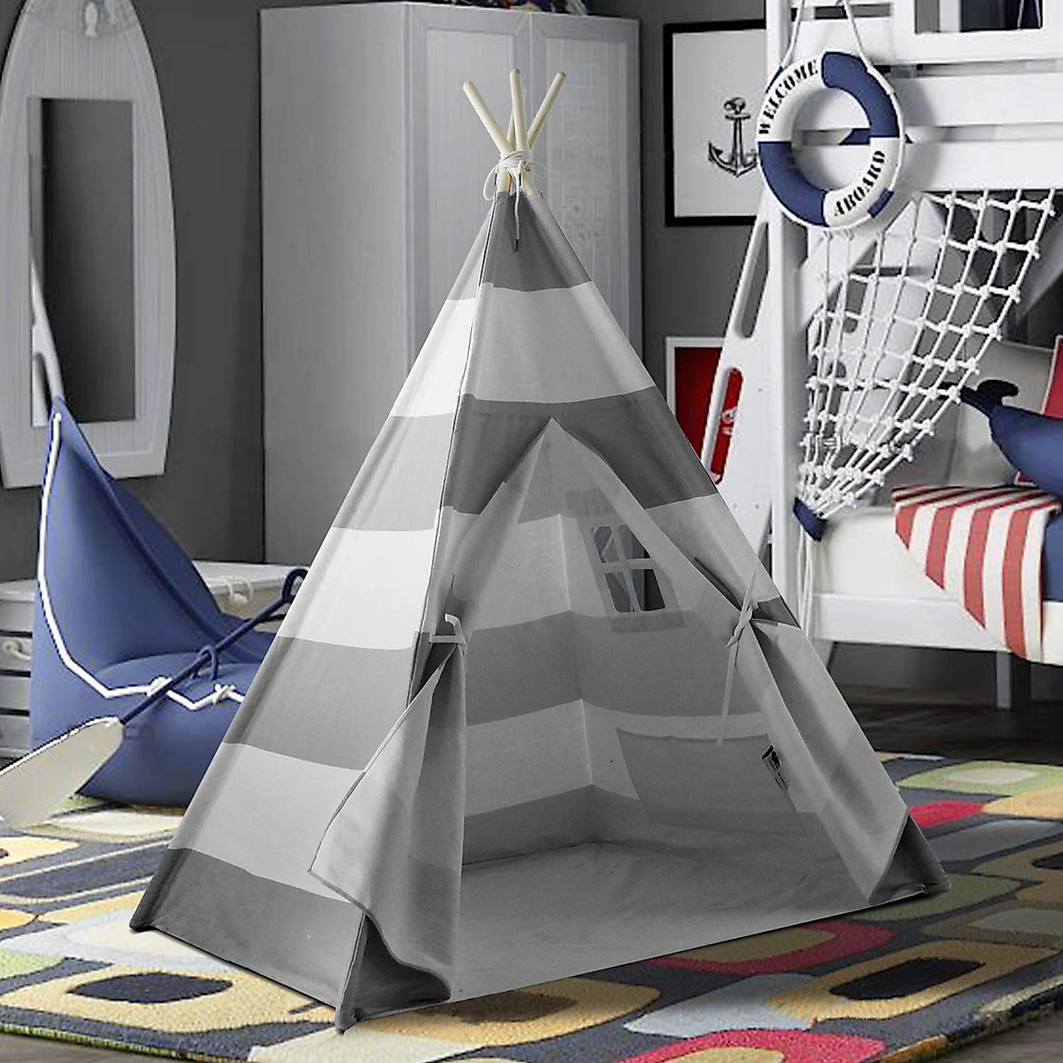 Kids Teepee Tent for Kids Play Teepee Tent for Boys Indoor Outdoor Play House, Kids Teepee Play Tent for Boys,Canvas Tipi Tent Kids,Grey Stripe Teepee