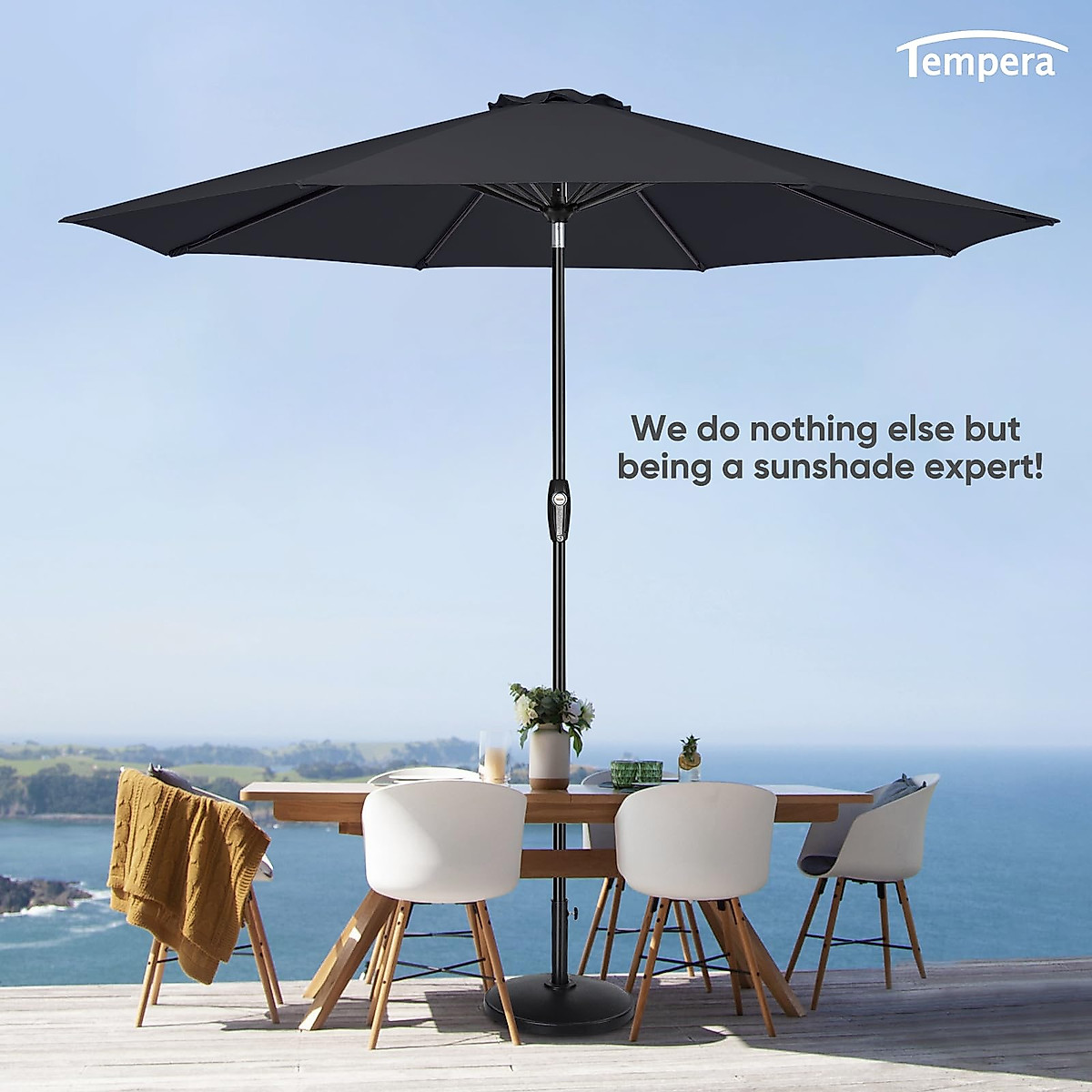 Tempera 9ft Patio Market Outdoor Table Umbrella with Auto Tilt and Crank,Large Sun Umbrella with Sturdy Pole&Fade resistant canopy,Easy to set, Space Grey