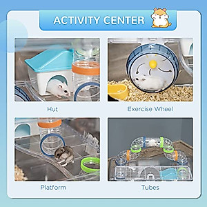 PawHut Hamster Cage, 2-Level Rat House Mouse Habitat with Accessories Tube Tunnels, Exercise Wheel, Water Bottle, Food Dish, Hut, 22" x 15" x 12.5", Transparent