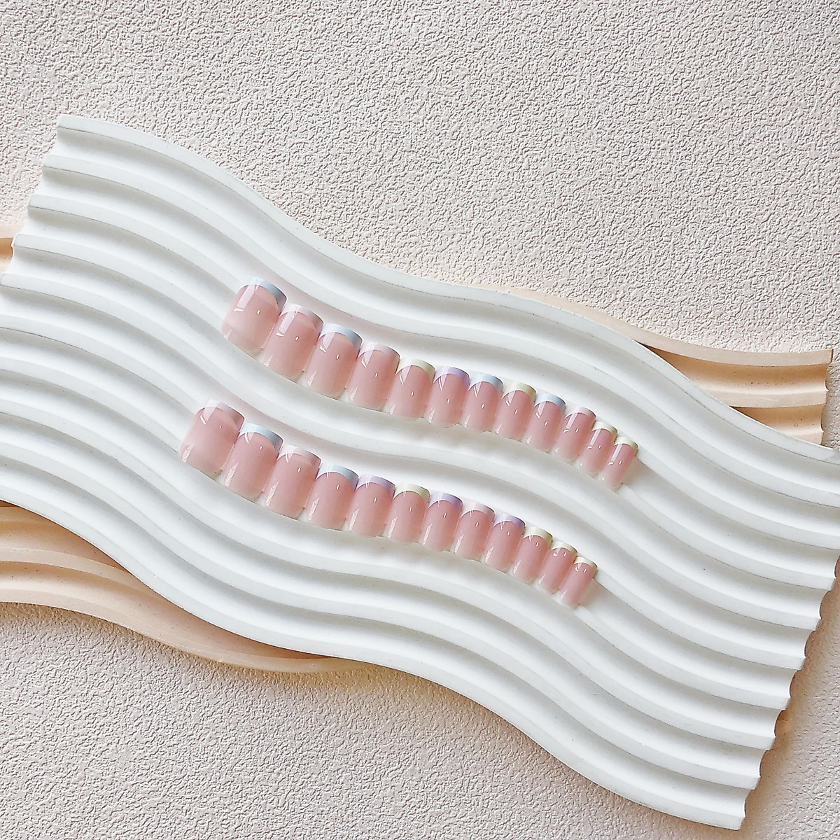 KXAMELIE Glossy Nude Glue on Nails Press On, Made by Gel with Colorful French Tips Short Nails Designs, 24PCS