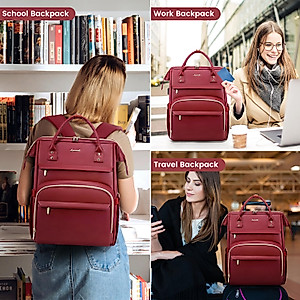 LOVEVOOK Leather Laptop Backpack for Women 15.6 inch,Travel Backpack Purse Nurse Teacher Backpack Computer Laptop Bag,Professional College Business Work Bags Carry On Backpack with USB Port,Chili Red