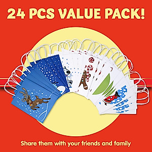 JOYIN 24 Christmas Kraft Paper Gift Bags with Handles Blue and White with Assorted Christmas Prints for Holiday Christmas Goody Bags, Xmas Gift Bags, School Classrooms and Party Favors