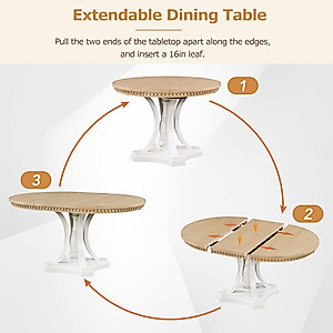 POCIYIHOME 5-Piece Set, Wood Table with Two-Size Round to Oval Extendable Butterfly Leaf, 4 Upholstered Dining Chairs with Armrest for 4 (Natural Oak+ Antique White)