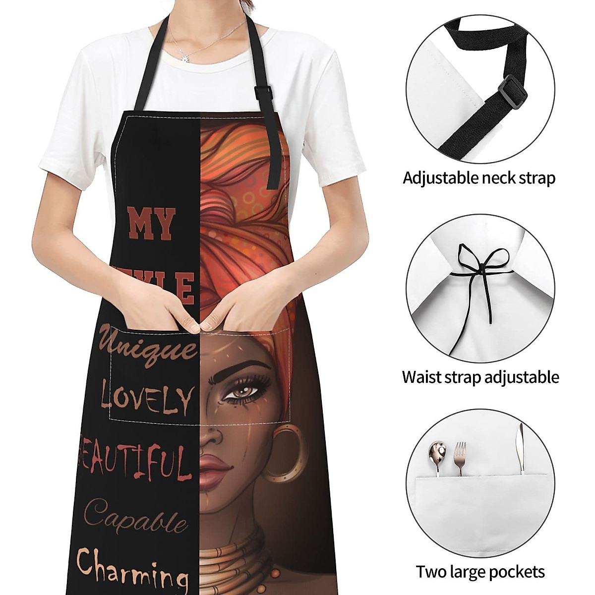 Perinsto African American Black Woman Waterproof Apron With 2 Pockets Personalized Kitchen Chef Aprons Bibs For Cooking Baking Painting Gardening Grooming