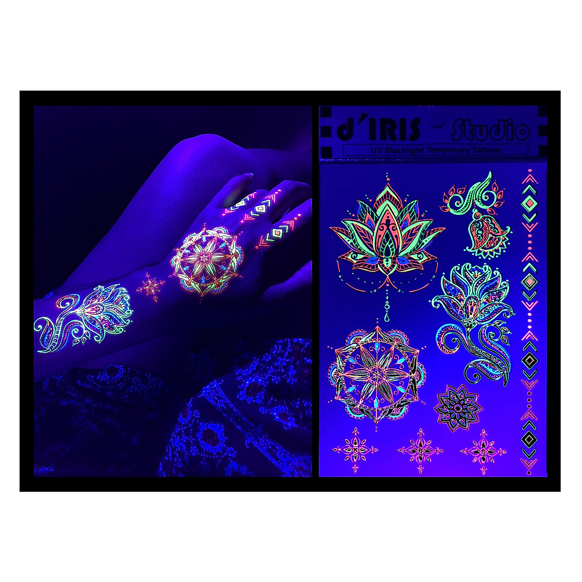 Temporary Tattoos for Glow Party UV Blacklight – 1 Sheet Lotus Floral Body Paint Art Light Festival Accessories Glow in the Dark Makeup | 7.2” x 5.2” Temp Great for EDM EDC Party Rave Parties