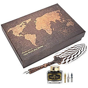 Vakitar Feather Pen and Ink Set Retro Wing Quill Pen Set Antique Calligraphy Dip Pen with 15ml Ink, 3 Replacement Nibs, Pen Stand Holder, Luxury Vintage Signature Pen Gift Set(White)