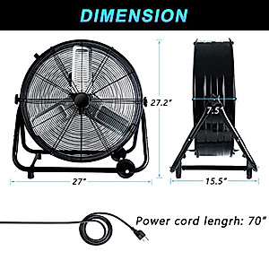 WARMLREC Industrial Fan 24 Inch Heavy Duty Drum 3 Speed 8100 CFM Air Circulation High Velocity Fan For Warehouse, Workshop, Factory, Commercial, Residential and Greenhouse Black